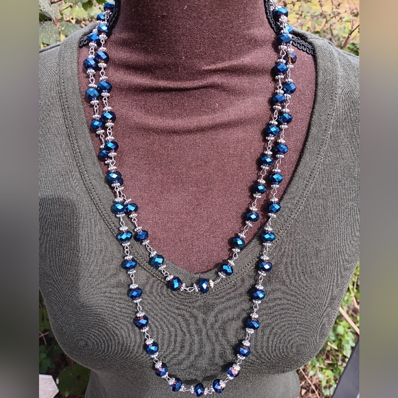 Jewelry | Silver Tone Long Blue Bead Necklace | Poshmark
